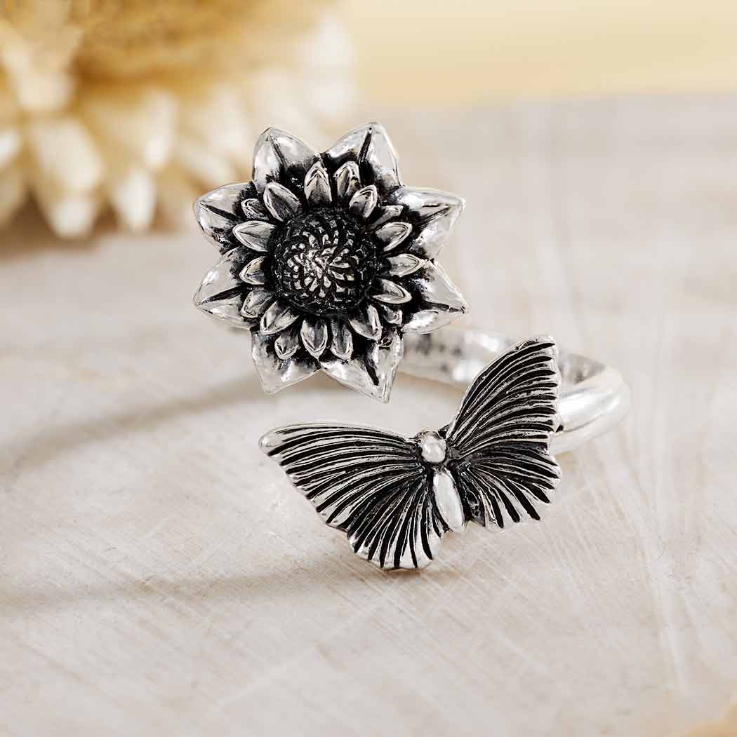 Sterling Silver Dahlia and Butterfly Adjustable Ring – Gilbert Creek ...